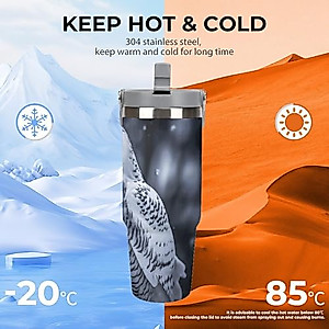 30oz Stainless Steel Insulated Tumbler with Flip Lid & Straw, Leakproof Travel Mug for Car, Arctic Owl Double Wall Vacuum Thermal Coffee Cup with Handle, Spill-Proof Design for Hot/Cold Drinks