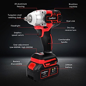 ConBlom 800N.m(590Ft-lbs) Cordless Impact Wrench, 1/2" Brushless Impact Gun w/ 2x 4.0Ah Battery, 4300RPM High Torque Impact Driver w/ 6 Sockets, LED Light, Power Impact Wrenches for Car Home