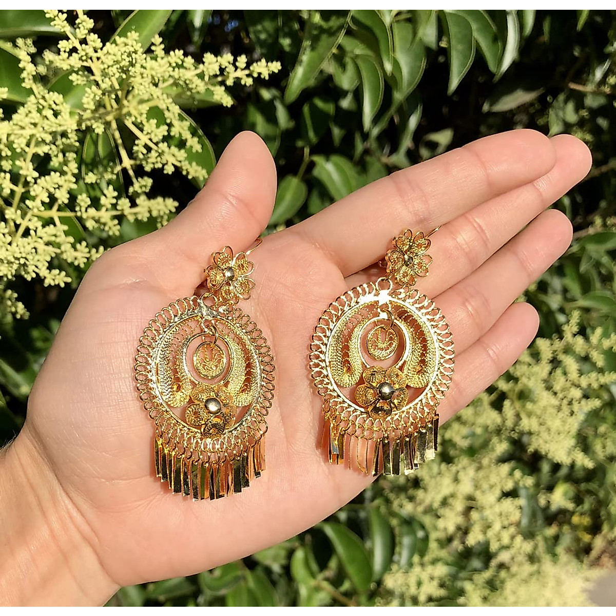 Folklorico Dance Traditional Mexican Gold Filigree Earrings, Flower, Medium, Gold, Day of the Dead, Mexican Earrings