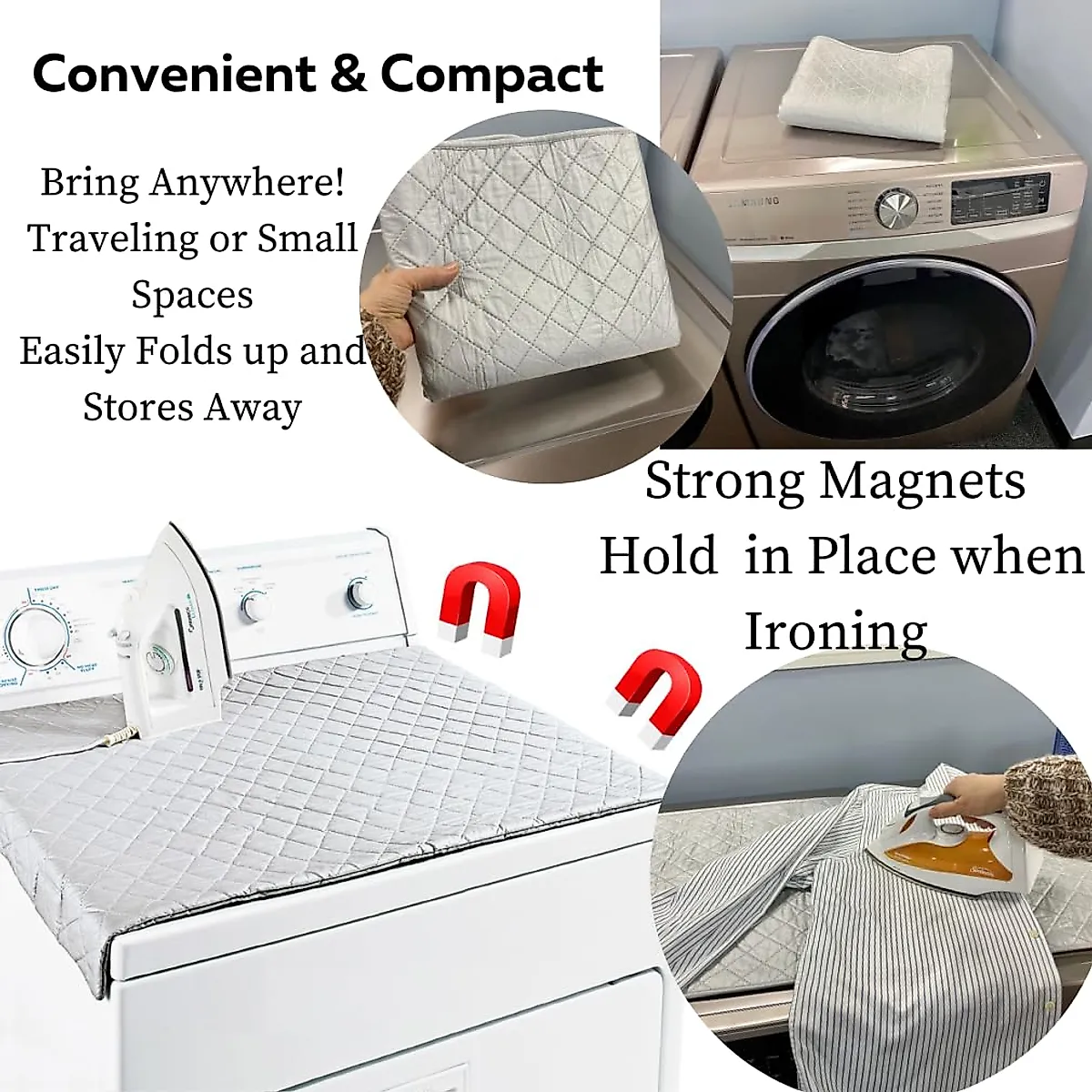 Evelots Ironing Mat Pad for Top of Washer, Dryer, Table - Portable Iron Board Replacement - 8 Strong Magnets - Heat Resistant - Extra Long 48 Inches