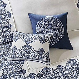 Madison Park Signature Cozy Comforter Set - All Season Bedding Combo Filled Insert and Removable Duvet Cover, Shams, Decorative Pillows, Queen (92 in x 96 in), Bohemian Blue 9 Piece