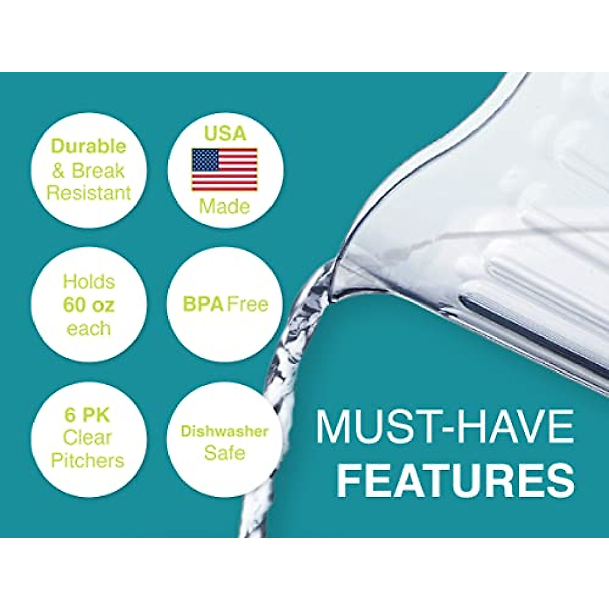 Arrow Home Products Clear Plastic Pitcher, 60 Ounce - 6 Pack Bulk Set for Bars and Restaurants - Space-Saving Stackable Design - Fill with Ice Water, Beer - Made in the USA, BPA Free, Dishwasher Safe