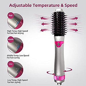 6 in 1 Hair Dryer Brush, Blow Dryer Styler with Negative Ionic Electric Hot Air, Detachable Hair Straightener & Curly Comb, Gifts for Women & Girlfriends, Gray and Pink