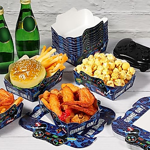 Funrous 50 Pcs Video Game Birthday Party Favors 2lb Disposable Paper Food Trays Snack Plates Gamer Birthday Party Decorations Supplies Gaming Food Boats Serving Trays for Nacho Hot Dogs Popcorn(Blue)