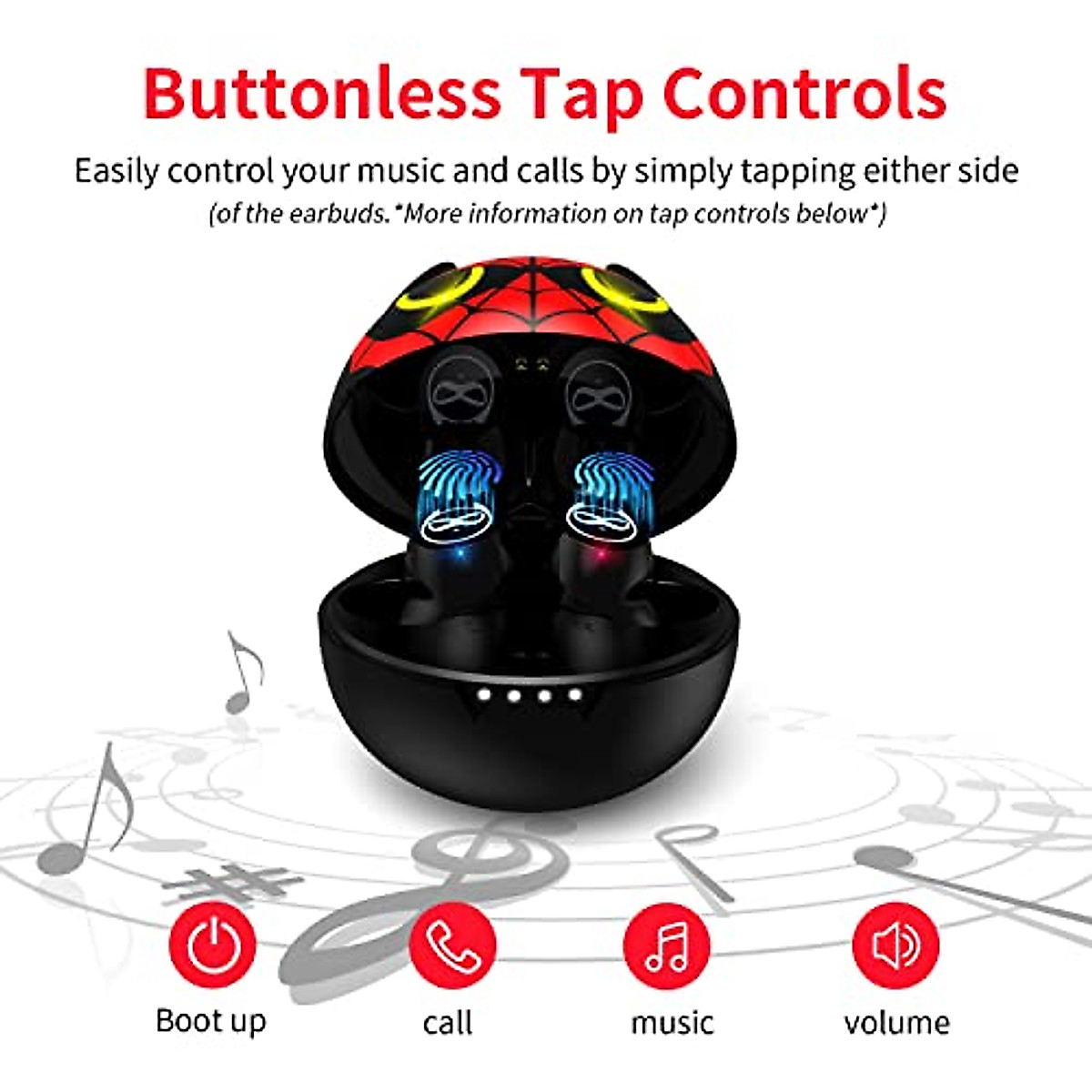 AMAFACE Wireless Earbuds for Youth Guys, Truly Wireless Headphones Stereo Sound in-Ear with Mic Touch Control, Sweat-Proof Bluetooth 5.0 Noise Reduction Earphones with Cartoon Red Charging Case