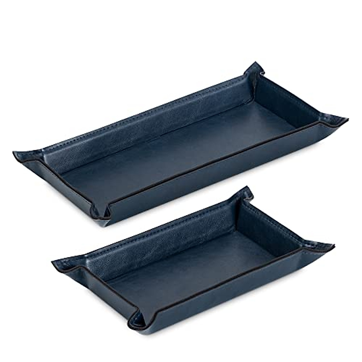 Navaris Faux Leather Tray Set - 2 Valet Organizer Trays for Bedside Table, Night Stand, Desk - Store Keys, Change, Wallet, Phone, Glasses - Navy Blue