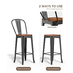 Aiho Bar Stools 30” Dining Chairs Outdoor Patio Bistro Set of 2 Metal Height Bar Stools with Wood Seat and Removable Backrest, Gloss Black