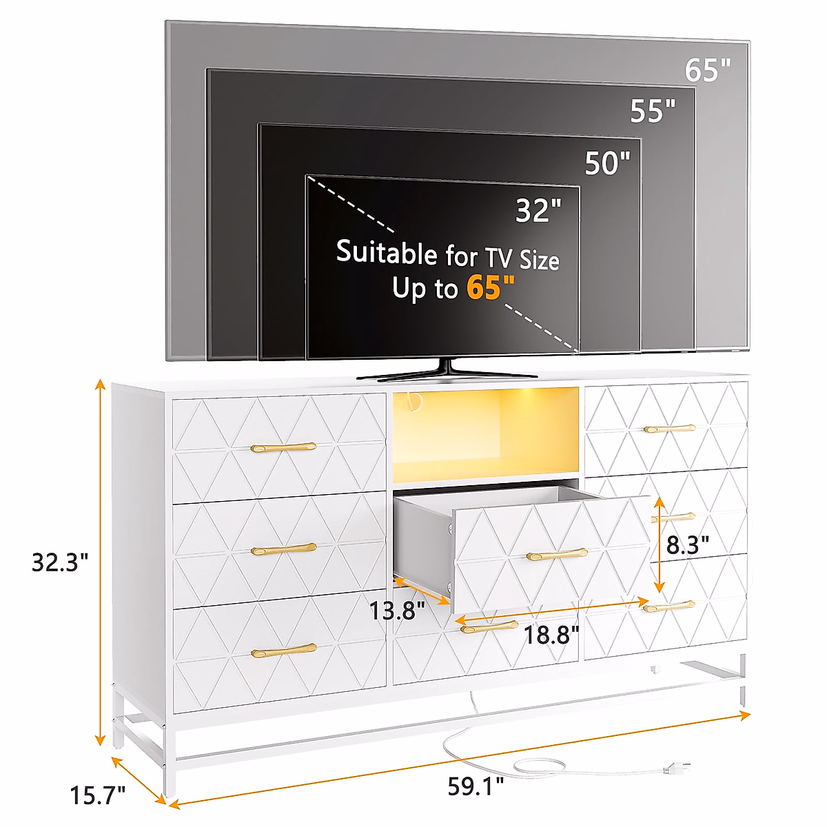 Patikuin 8 Deep Drawer White Dresser for Bedroom with Charging Station and LED Lights, 59" TV Dresser Wooden Large Long Dresser, Modern Chest of Drawers Storage Organizer for Closet, Living Room