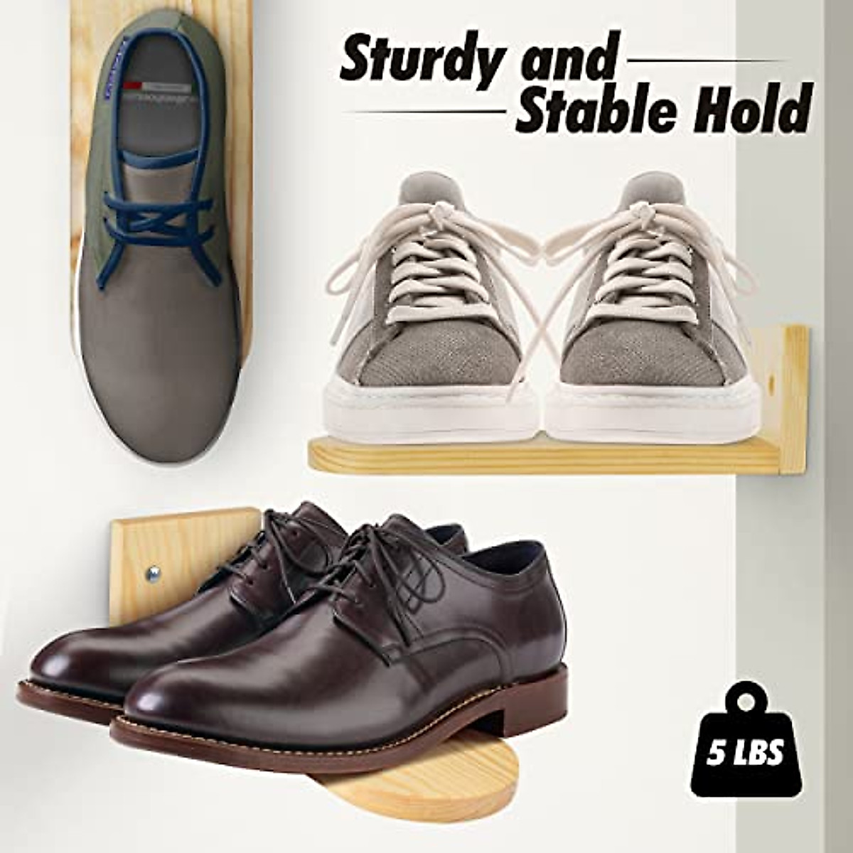 Wall Shoe Shelf - Pine Wood Shoe Display Shelf- Traditional Creations Set of 6 Wall Mount, and Adhesive Tape Installation, Floating Shoe Display Stand for Sneakersshelf