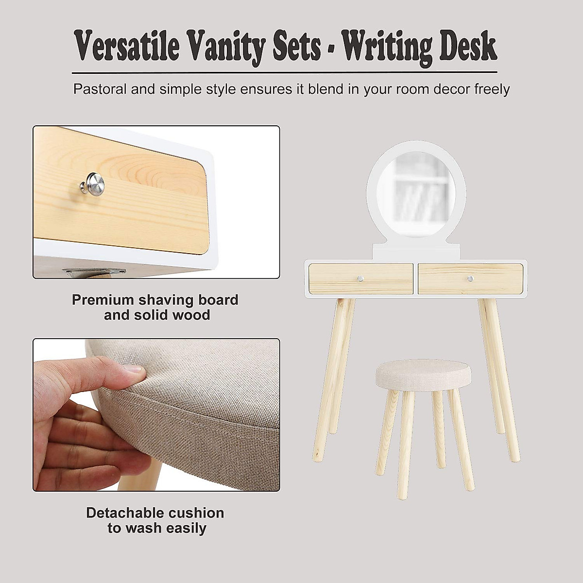 JAXPETY Classic 2-Drawers Girls Vanity Table Set with Mirror and Cushioned Stool, French Countryside Style Dsign Makeup Dressing Table Bedroom Organizer for Girls Women, White