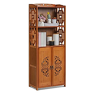 MoNiBloom 4 Tier Bookcase with Storage Cabinet, Bamboo Book Shelves Display Shelf with Carved Door for Home Office Living Room Study Room, Brown
