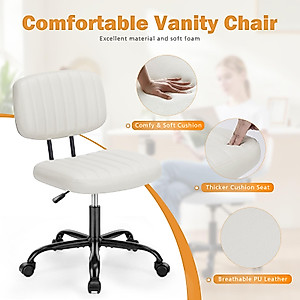Warmiehomy Armless Office Chair with Wheels Small Swivel Rolling Desk Chair PU Leather Hieght Adjustable Computer Task Chair Modern Vanity Chair with Low Back Lumbar Support,White