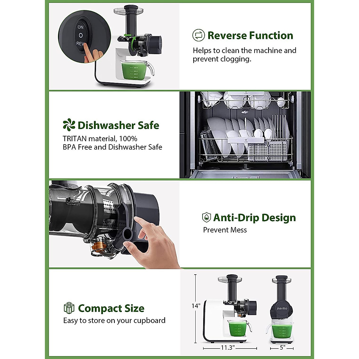 Slow Juicer, Aeitto Cold Press Juicer, BPA Free Juicer Machines Easy to Clean, Celery Juicer with Quiet Motor & Reverse Function, Masticating Juicer for Vegetable and Fruit