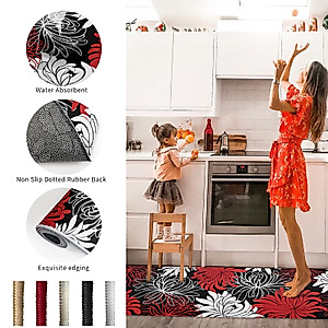 Kitchen Mats 2 Piece Set Non-slip Absorbent Kitchen Mat and Rug Comfort Standing Mats Abstract Floral Red Black and White Dahlia Floor Mats Runner Rug for Laundry Room, 15.7x23.6inch+15.7x47.2inch