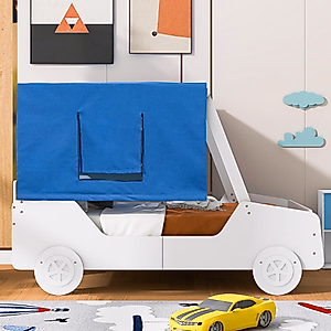 LostCat Full Size Car Shaped Bed with Tents, Wood Cute Car Bed with Canopy for Boys Girls Kids, Wood Slat Support, No Box Spring Needed, Easy Assembly, White