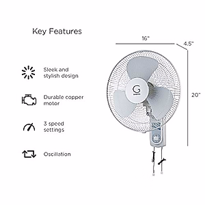 Genesis G16WALL 16 Inch Wall Fan, 3 Speed Settings, Max Cooling Technology, Oscillation