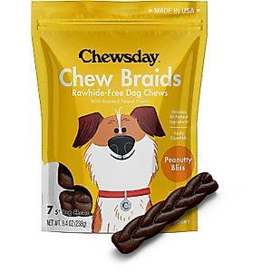 Chewsday 5-Inch Dog Chew Braids, Made in The USA, All Natural Rawhide-Free Highly-Digestible Treats, Peanutty Bliss - 7 Count