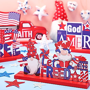 4 Pieces Patriotic Table Decoration 4th of July Wooden Table Centerpiece Independence Day Wood Letter Sign Home of Free God Bless America Table Decoration for Patriotic Party Memorial Day Home Decor