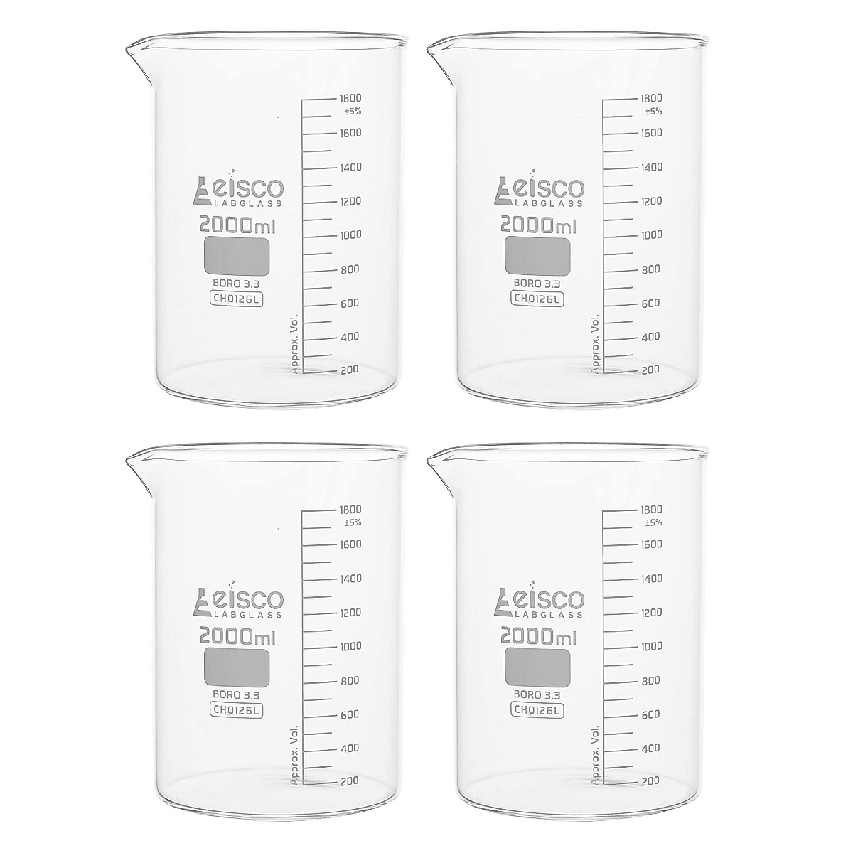 EISCO 4PK Beakers, 2000ml - Low Form with Spout - White, 100ml Graduations - Borosilicate 3.3 Glass