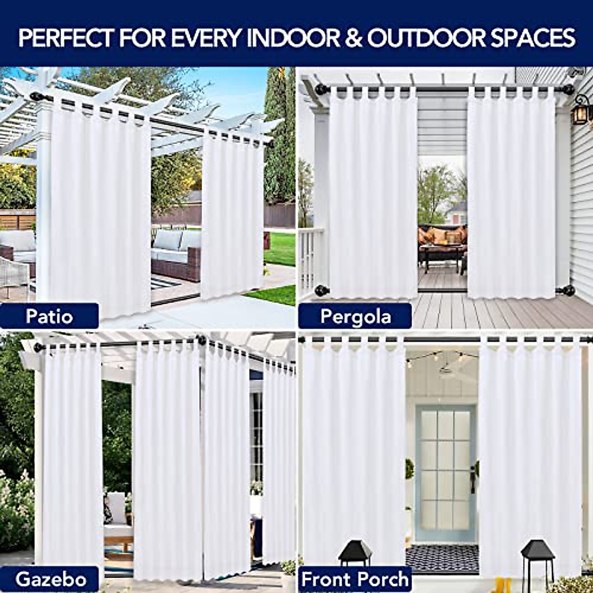 PureFit Outdoor Curtains for Detachable Sticky Tab Top Patio Waterproof/Weatherproof, UV and Fade Resistant Outside Curtains for Gazebo, Porch, Pergola, Privacy Curtain, 54 x 84 inch, 2 Panels, White