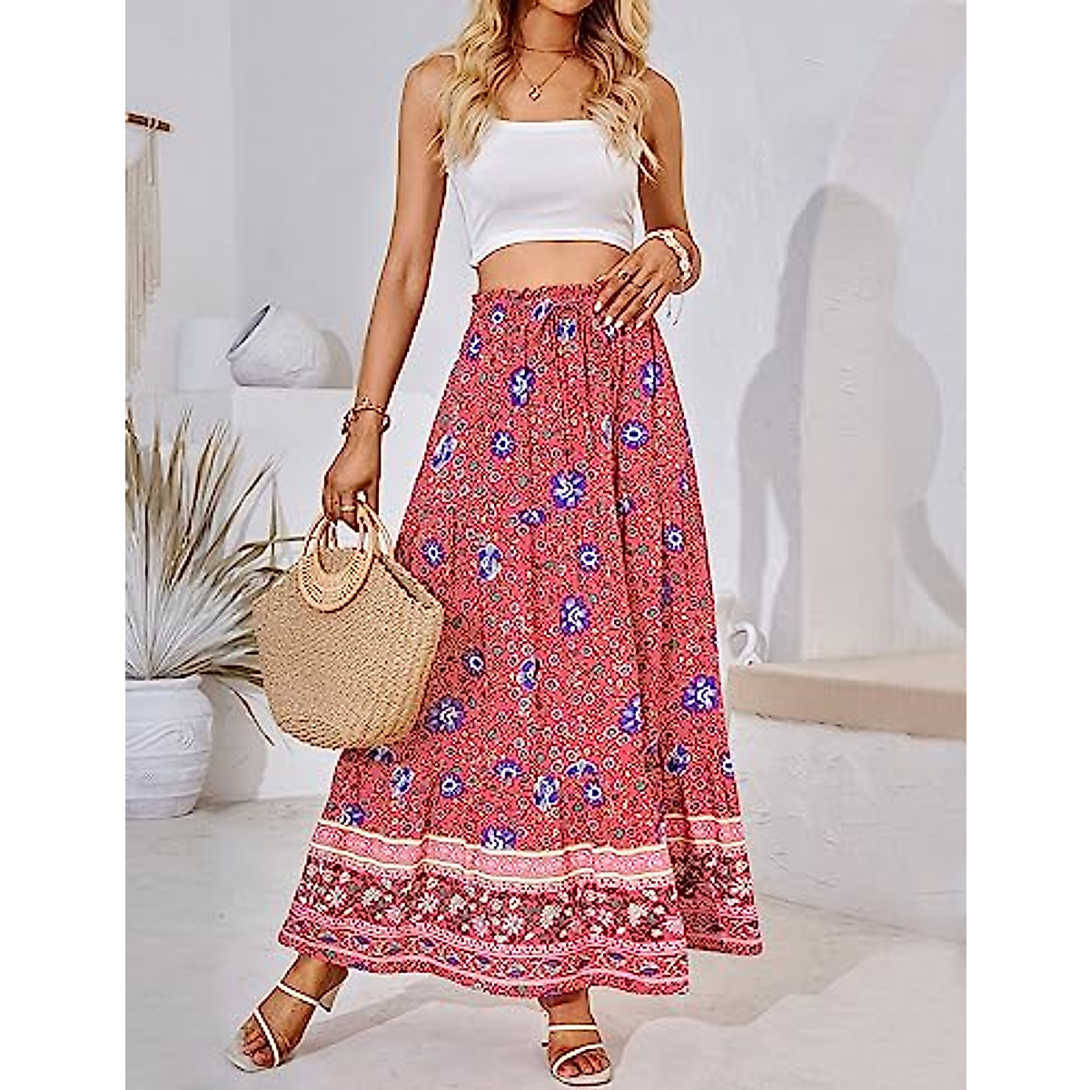 ZESICA Women's 2025 Summer Bohemian Floral Printed Elastic Waist A Line Maxi Skirt with Pockets,Floral Red,Small