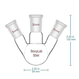 StonyLab Glass 50ml Heavy Wall 3 Neck Round Bottom Flask RBF, with 24/40 Center and Side Standard Taper Outer Joint – 50ml