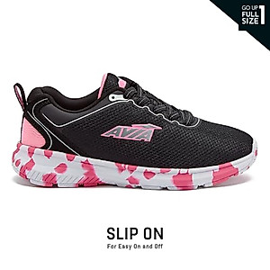 Avia Avi Factor Slip On Girls' Sneakers - Lightweight Tennis, Athletic, Running Shoes for Girls - Toddler, Little Kid, and Big Kid Sizes - Black/Pink/Grey, 2 Little Kid