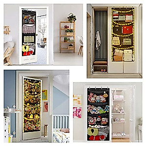 Stuffed Animal Storage with LED Light, Over the Door Hanging Stuffed Animal Holder with 5 Meters LED Fairy String, 4 Large Pockets for Stuffed Animal Storage Ideas, Nursery, Bedroom, Kids Room