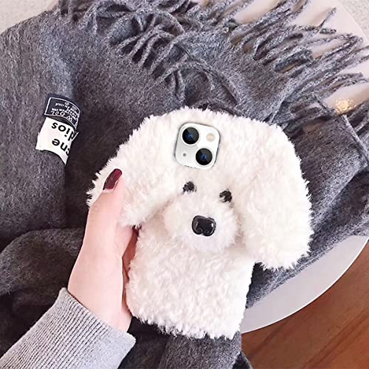 Losin Compatible with iPhone 13 Case Cute Plush Furry Dog Phone Case for Women Girls Girly 3D Cartoon Kawaii Case Soft TPU Shockproof Protective Cover White