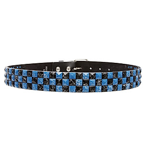 Snap On 1 1/2" Blue & Black Checkerboard Punk Rock Studded Belt, m 33"-35"