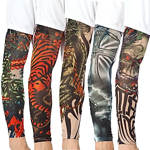 AKStore 20PCS Set Arts Fake Temporary Tattoo Arm Sunscreen Sleeves Designs Tiger, Crown Heart, Skull, Tribal and Etc