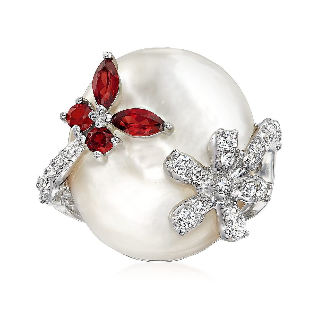 Ross-Simons Mother-Of-Pearl and .60 ct. t.w. Multi-Gemstone Floral Butterfly Ring in Sterling Silver. Size 7