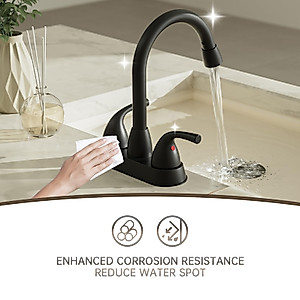 Phiestina Pull Down Sprayer Matte Black Bathroom Faucet，4 Inch Centerset 2 Handle Pull Out Bathroom Sink Faucet with 360 Swivel Spout，Metal Pop-Up Drain and Water Supply Lines，BF04007-B11-MB