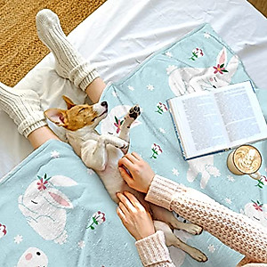 FJPT Easter Spring Throw Blanket Bunnies and Flowers Throw Cozy&Soft Plush Blankets for Couch Bed Sofa Travelling Camping for Adults/Kids - Blue White (30" x 40")