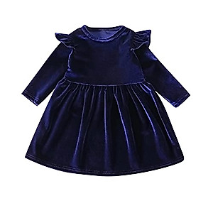 Toddler Baby Girls Velvet Tutu Dress Ruffle Long Sleeve Princess Pageant Christmas Party Wedding Dresses Fall Winter Clothes Infant Kids Birthday Holiday Playwear Dresses Outfit Navy Blue 12-18 Months