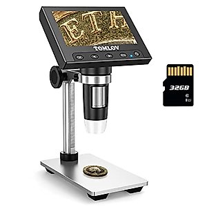 TOMLOV DM4 Coin Microscope 1000X with 4.3" Screen, 720P LCD Microscope with Metal Stand, 8 Adjustable LED Lights, PC View for Kids Adults, Windows Compatible, 32GB TF Card Included