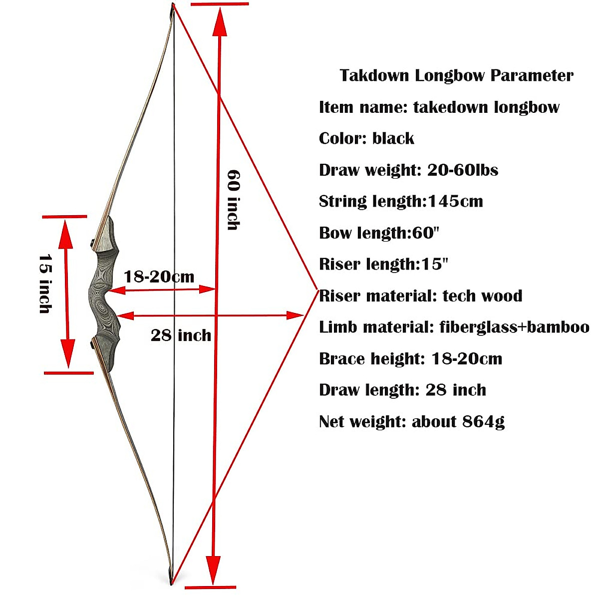 60 Inch Black Hunter Takedown Longbow 20-60lbs Traditional Wood Longbow Right Hand and Left Hand American Hunting Longbow for Outdoor Hunting Shooting (40 Lbs, Left Hand Bow)