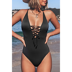 CUPSHE Women's One Piece Swimsuit Backless Tie V Neck Bathing Suit, S Black