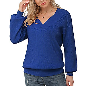 Feiersi Women's Off Shoulder Sweater Long Sleeve Loose Tops V-Neck Pullover Knit Jumper(Royal Blue,Large)