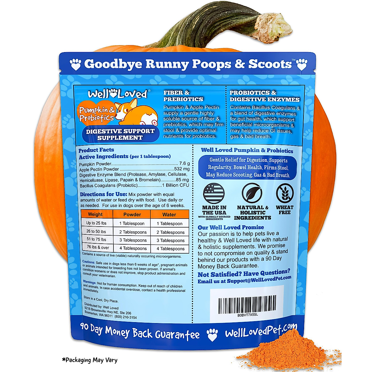 Well Loved Pumpkin for Dogs - Pumpkin Puree, Canned Pumpkin (Alternative), Fiber for Dogs, Probiotic Powder, Pumpkin Powder, Dog Diarrhea, Digestive Support, Perfect for Firm Poops and No Scoots, 6 oz