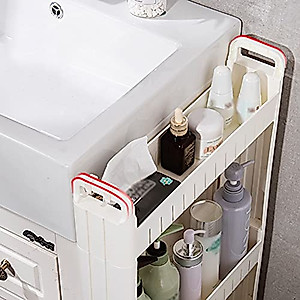 QFFL 4 Inch Kitchen Storage Cabinet, Plastic Slim Bathroom Rolling Cart with 4 Wheels and Hook, Narrow Shelving, for Paper Shampoo, White