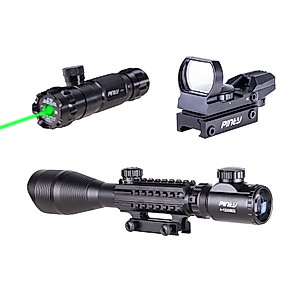Pinty Rifle Scope 4-12x50 Rangefinder Illuminated Optics with 4 Reticle Red Green Reflex Sight, Green Dot Laser Sight, Black