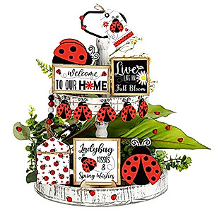 20 Pcs Ladybug Tiered Tray Decorations Spring Summer Ladybug Wooden Blocks Sign Ladybug Table Top Decor Red Farmhouse Ladybird for Home Kitchen Shelf Display Holiday Housewarming