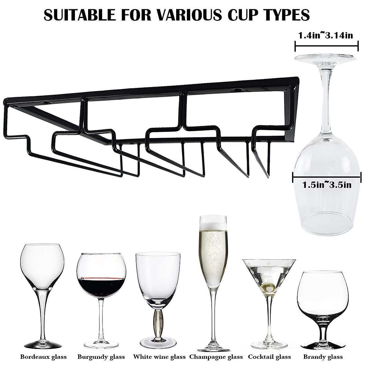 AMUFYSHH 3 Rows Wine Glass Rack for Under Cabinet, Hanging Wine Glasses Metal Stemware Racks, Storage Organizer for Kitchen Cabinet Bar(SINGLE)