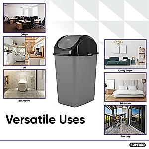Superio New Small 2.5 Gallon Plastic Trash Can with Swing Top Lid, Waste Bin for Under Desk, Office, Bedroom, Bathroom- 10 Qt (Grey/Black)