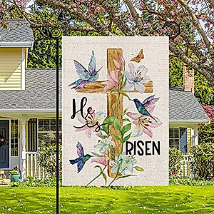 Easter Garden Flag Religious Cross Christian He is Risen Flower 12.5 x 18 Inch Burlap Double Sided Vertical Holiday Seasonal Spring Farmhouse Yard Outdoor Decorations