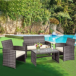 Goplus Rattan Patio Furniture Set 4 Pieces, Outdoor Wicker Conversation Sofa and Table Set with Soft Cushions & Tempered Glass Coffee Table for Balcony Garden Backyard (Beige(Mixed Color Wicker))