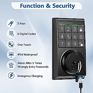 Keyless Entry Door Lock with Keypad, Electronic Smart Lock, Keyless Door Lock with 2 Keys, Electronic Keypad Deadbolt, Door Locks with Keypads, 103 Codes, Auto Lock, Easy Installation, Black