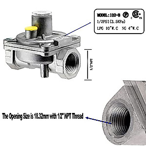 Guofulda 1/2'' Natural Gas Regulator, Inlet Pressure:1/2’’ PSIG, Outlet Pressure LPG 5" W.C, 1/2"-14NPT Grill Regulator for NG Gas Low Pressure Regulator with Gas Line Thread Tape