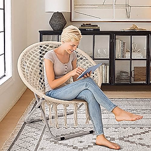 KROFEM Boho Moon Saucer Chair, Foldable Round Circle Style, Relax in Comfort in Bedroom or Living Room, Perfect for Adults and Teens, No Assembly Beige